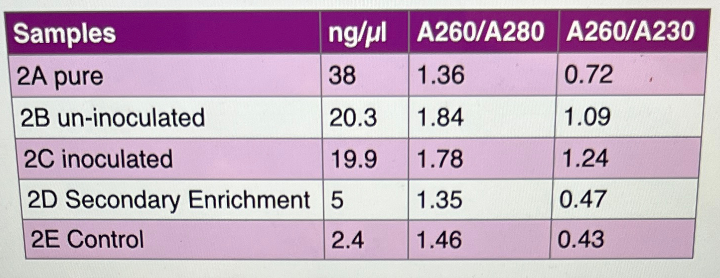 \table[[Samples,ngμl,A260/A280,A260/A230],[2A | Chegg.com