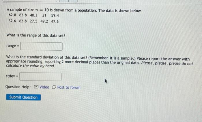 Solved A sample of size n=10 is drawn from a population. The | Chegg.com