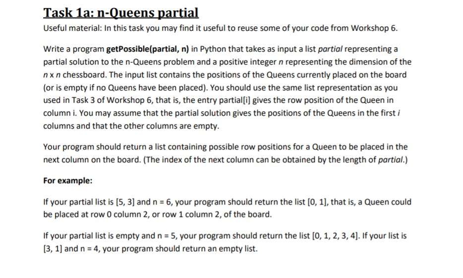 Solved Task 1a: n-Queens partial Useful material: In this | Chegg.com
