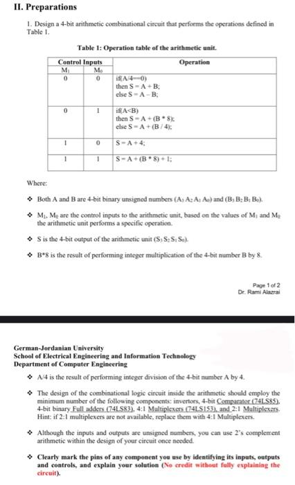 Solved II. Preparations L. Design a 4-bit arithmetic | Chegg.com