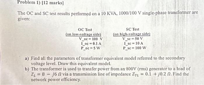 Solved Problem 1) [12 marks] The OC and SC test results | Chegg.com