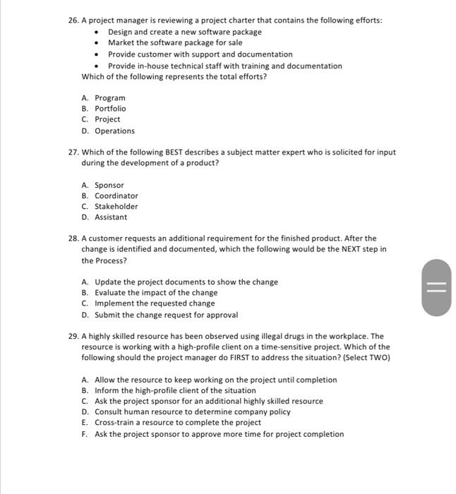 Solved 26. A project manager is reviewing a project charter | Chegg.com