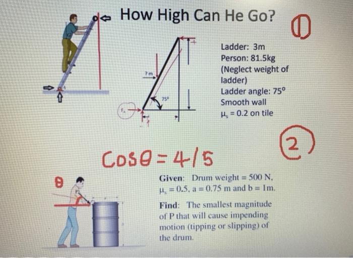 Solved ple How High Can He Go? 7 m Ladder: 3m Person: 81.5kg | Chegg.com
