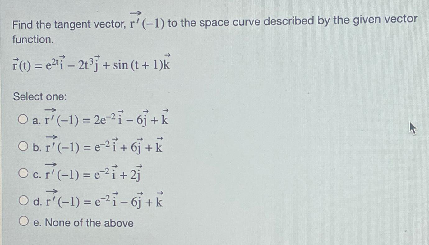 Solved Find the tangent vector, vec(r')(-1) ﻿to the space | Chegg.com