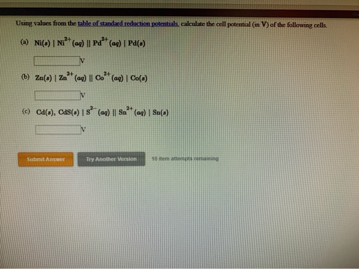 Solved Using values from the table of standard reduction | Chegg.com