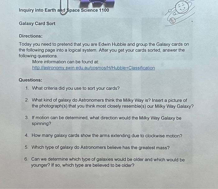 Solved Inquiry into Earth and Space Science 1100 Galaxy Card | Chegg.com