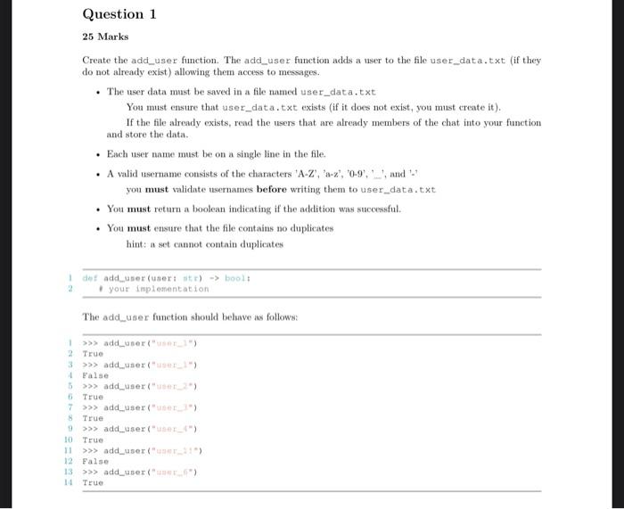 Solved 25 Marks Create the add_user function. The add_user | Chegg.com