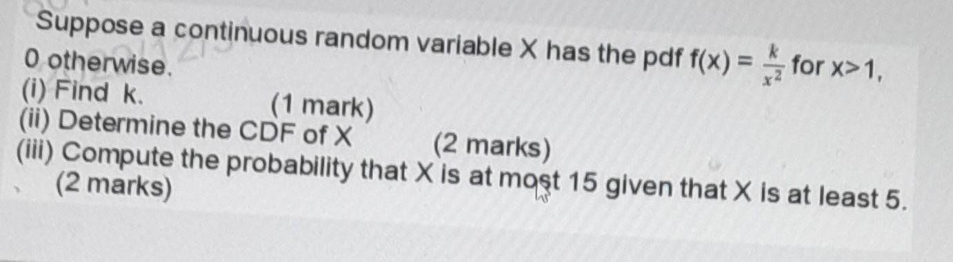 Solved Suppose a continuous random variable X has the pdf | Chegg.com