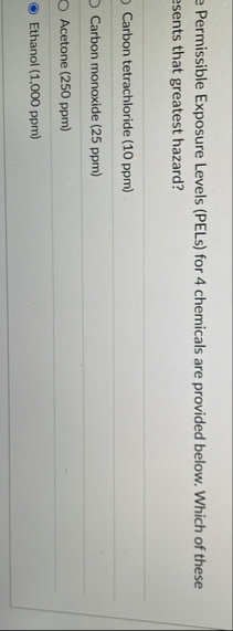 Solved Permissible Exposure Levels (PELs) ﻿for 4 ﻿chemicals | Chegg.com