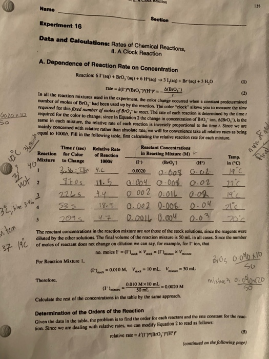 Solved LILAC Rection Name Section Experiment 16 Data and | Chegg.com