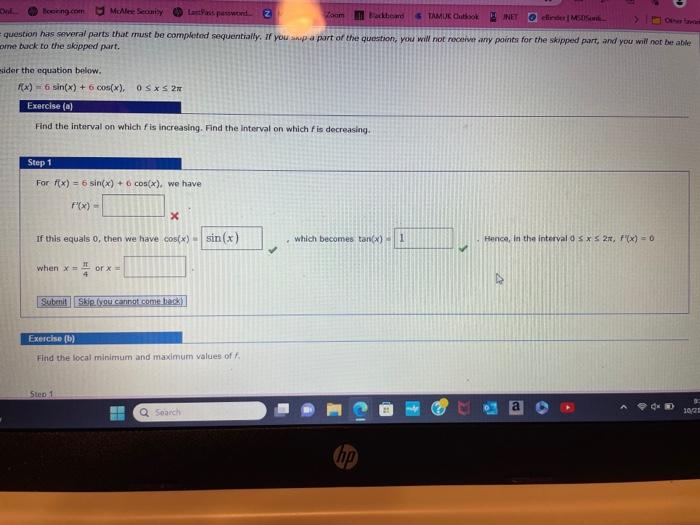 Solved f(x)=6sin(x)+6cos(x),0≤x≤2π Find the interval on | Chegg.com