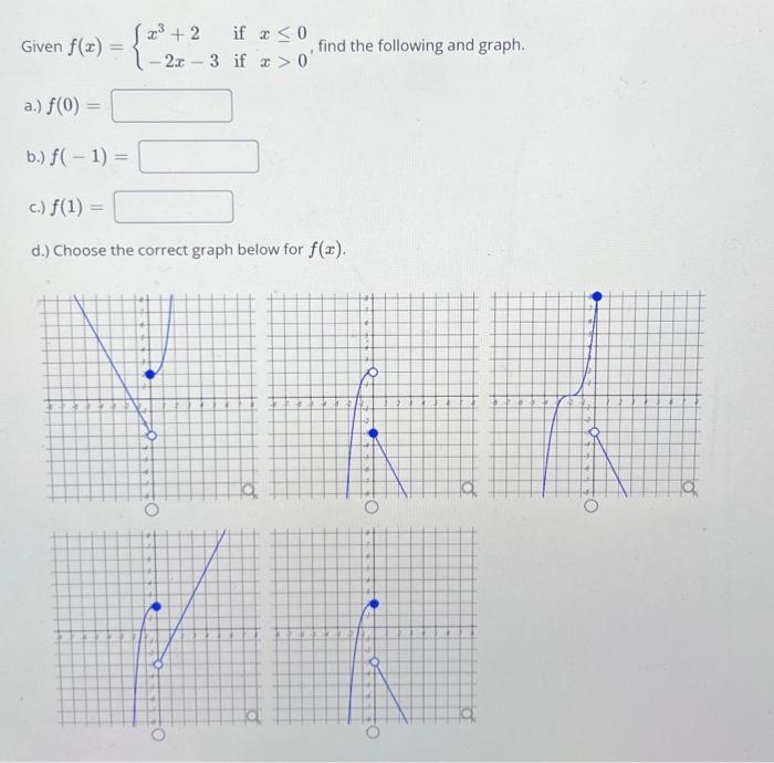 Solved Given f(x)={x3+2−2x−3 if if x≤0x>0, find th a.) | Chegg.com