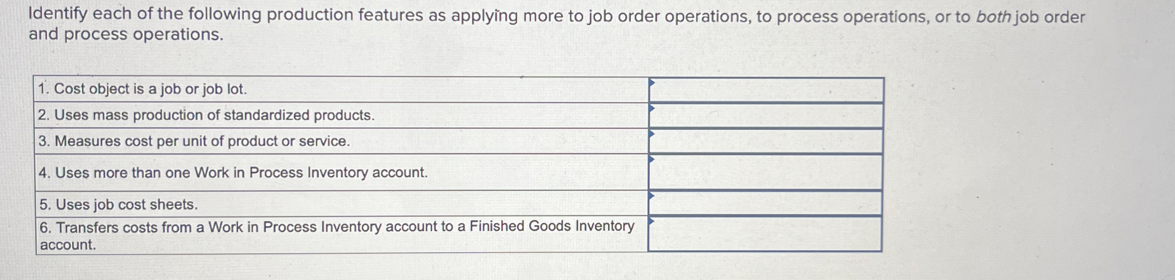 Solved Identify each of the following production features as | Chegg.com