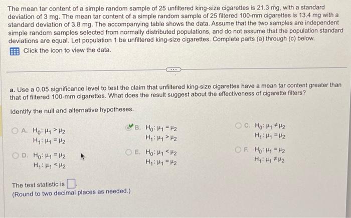 Solved The mean tar content of a simple random sample of 25 | Chegg.com