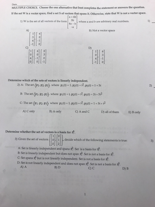 Solved Date MULTIPLE CHOICE. Choose the one alternative that | Chegg.com