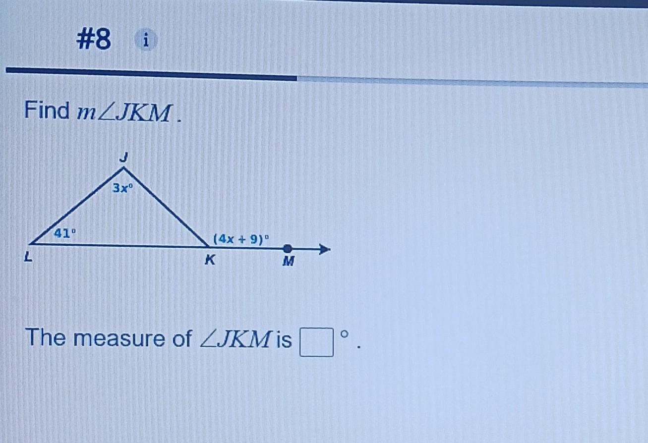 Solved Find m∠JKM The measure of ∠JKM is | Chegg.com