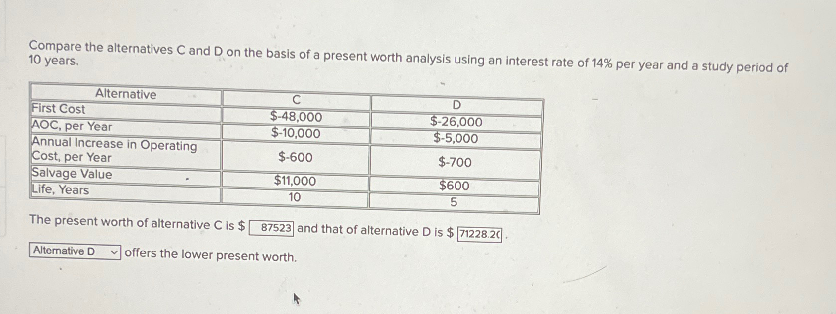 Solved Compare the alternatives C ﻿and D ﻿on the basis of a | Chegg.com