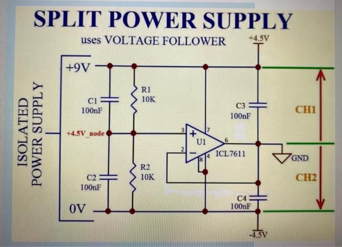 Solved SPLIT POWER SUPPLY uses VOLTAGE FOLLOWER +4.5V +9V RI | Chegg.com