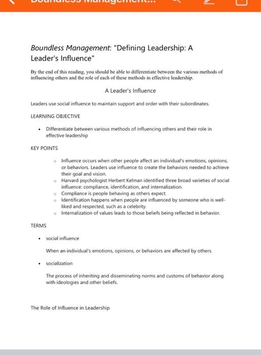 Solved Boundless Management: "Defining Leadership: A | Chegg.com