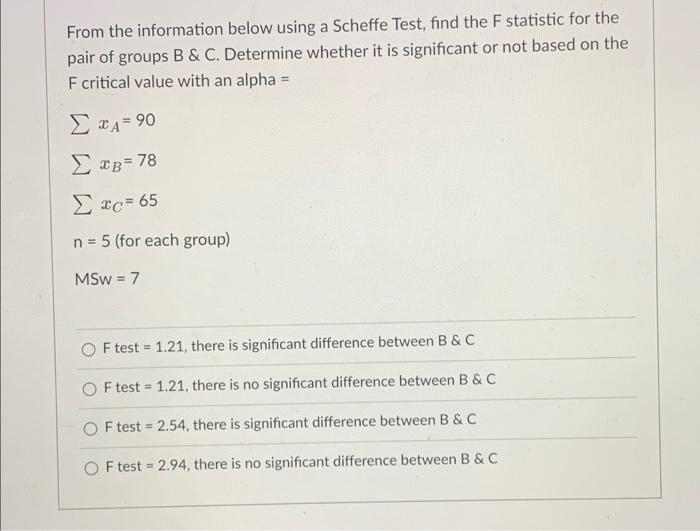 Solved From the information below using a Scheffe Test, find | Chegg.com