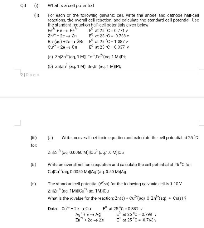 Solved (i)What is a cell potential For each of the following | Chegg.com