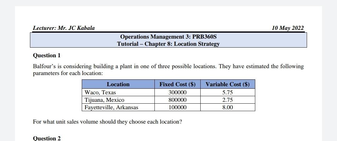 Solved For what unit sales volume should they choose each | Chegg.com