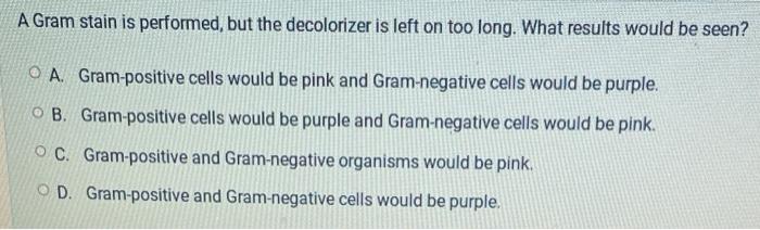 Solved A Gram stain is performed, but the decolorizer is | Chegg.com