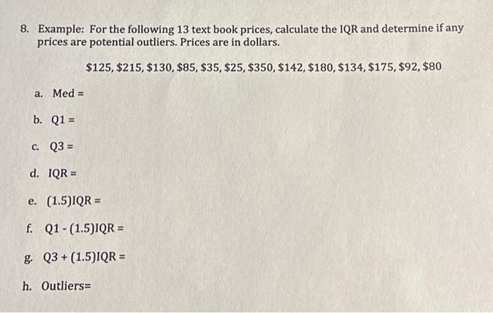 Solved 8. Example: For the following 13 text book prices, | Chegg.com