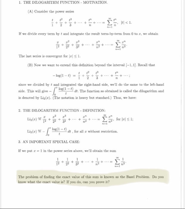 Solved 1. THE DILOGARITHM FUNCTION - MOTIVATION. (A) | Chegg.com