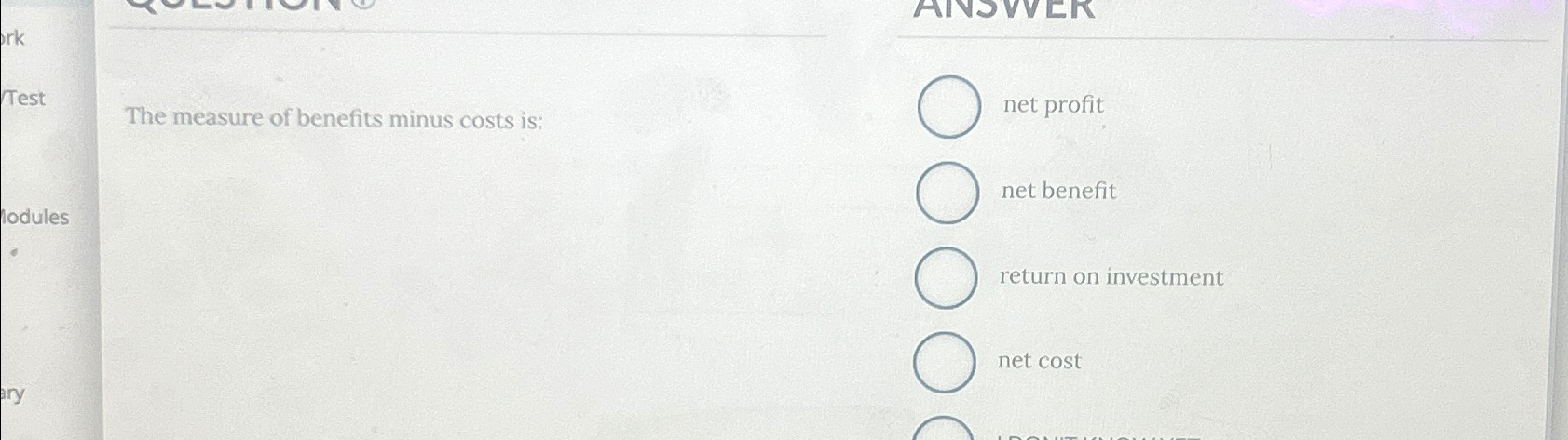 Solved The measure of benefits minus costs is:net profitnet | Chegg.com
