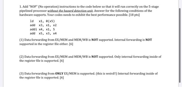 Solved 1. Add "NOP" (No operation) instructions to the code | Chegg.com