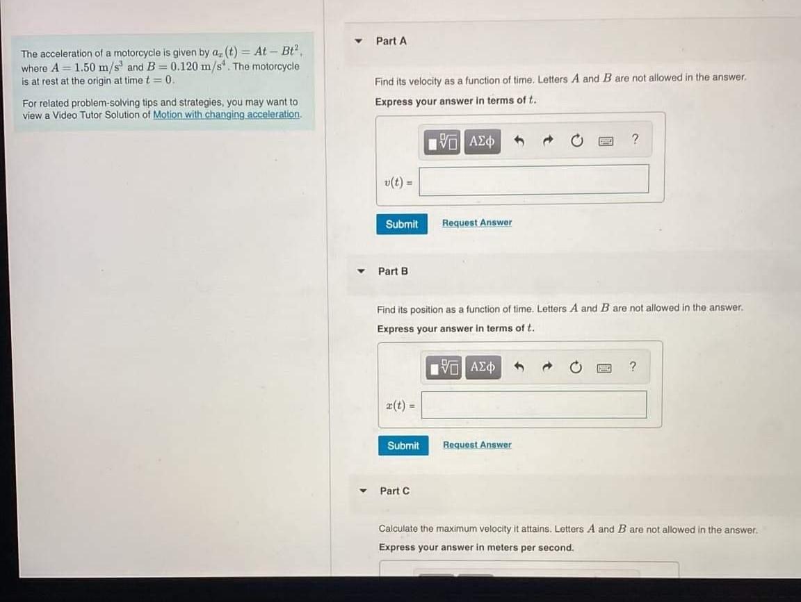 Solved The acceleration of a motorcycle is given by | Chegg.com