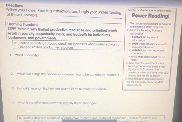 Solved Directions Follow your Power Reading instructions and | Chegg.com