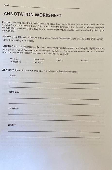 Solved NAME ANNOTATION WORKSHEET Exercise: The purpose of | Chegg.com