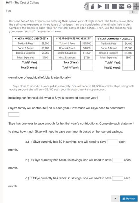 Solved HW4 - The Cost of College CE 3 of 3 !! Kari and two | Chegg.com