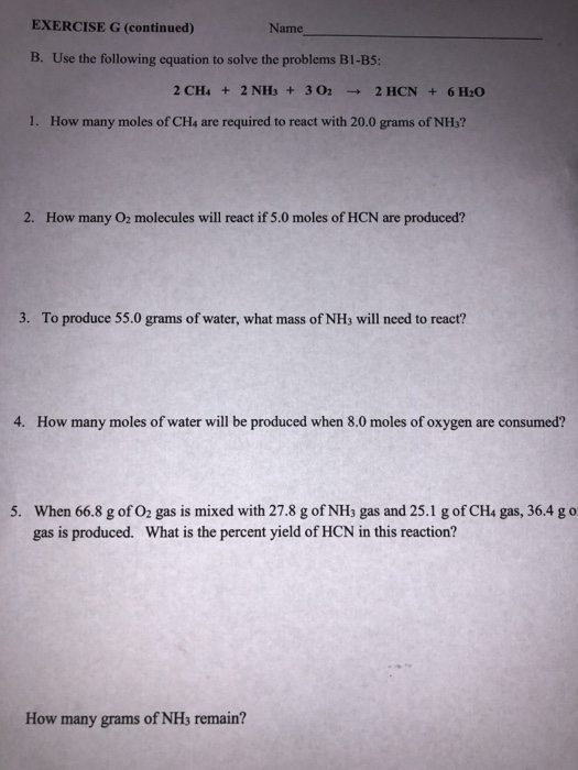 Solved EXERCISE G Name Section Instructor Date Stoichiometry | Chegg.com