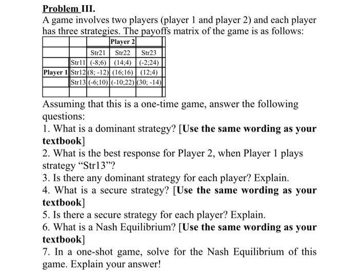 Solved Problem III. A game involves two players (player 1 | Chegg.com