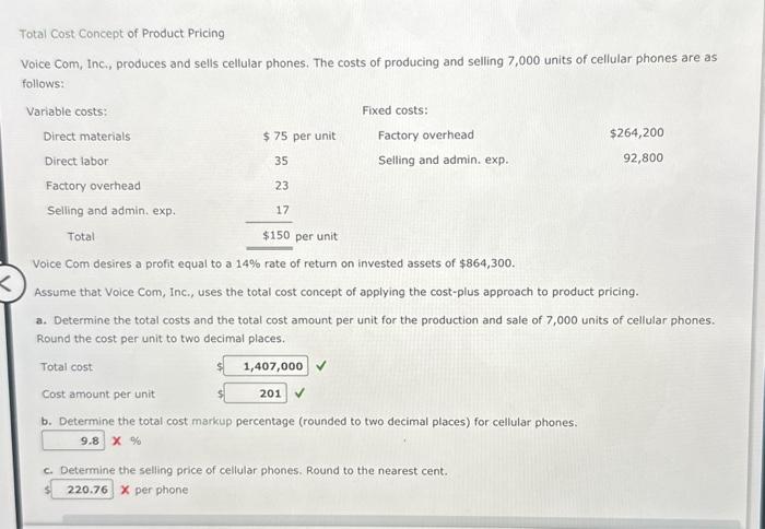 Solved Total Cost Concept of Product Pricing Voice Com, | Chegg.com