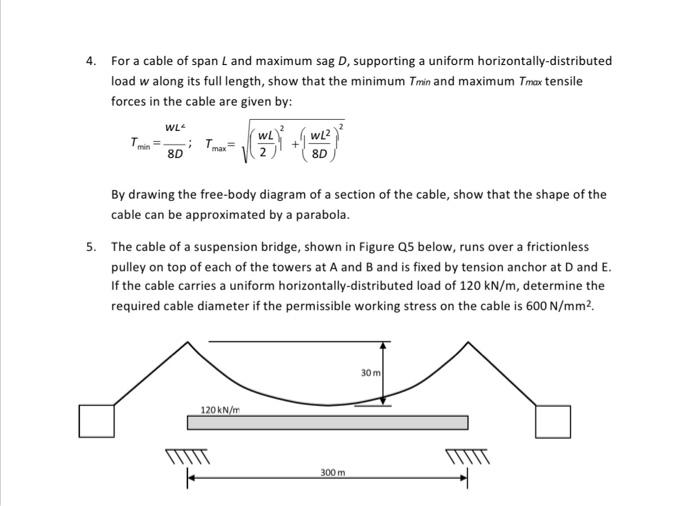 Solved 4. For a cable of span L and maximum sag D, | Chegg.com