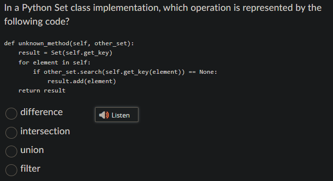 Solved In a Python Set class implementation, which operation | Chegg.com
