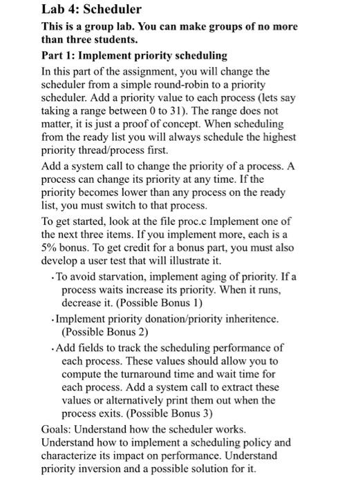 Solved Lab 4: Scheduler This is a group lab. You can make | Chegg.com