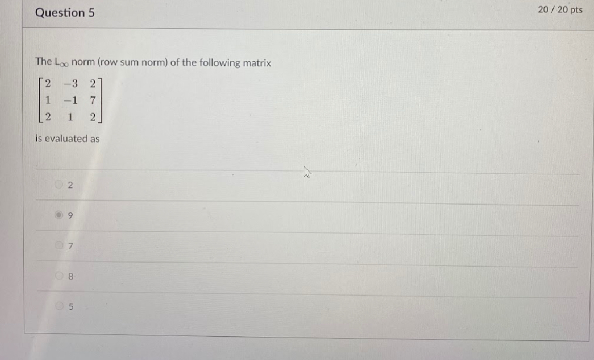Solved Question 52020 ﻿ptsThe L∞ ﻿norm (row sum norm) ﻿of | Chegg.com