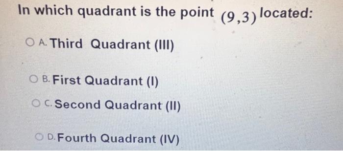 Solved In which quadrant is the point (9,3) located: A. | Chegg.com