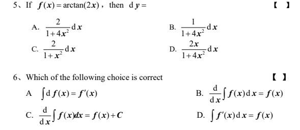 Solved 5、. If f(x)=arctan(2x), then dy= 【 】 A. 1+4x22 dx B. | Chegg.com