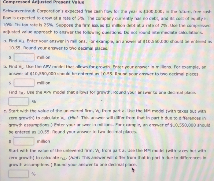 Solved Compressed Adjusted Present Value Schwarzentraub | Chegg.com