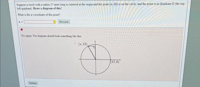 Solved Suppose a circle with a radius 17 units long is | Chegg.com