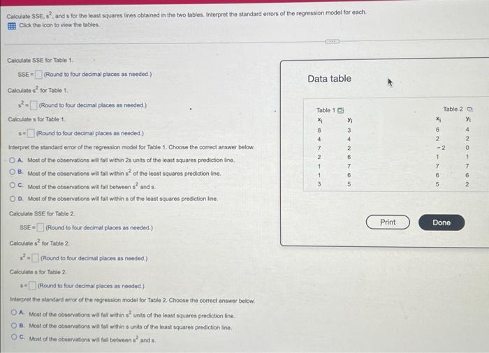 Solved Calculate SSE, s2, and s for the least squares lines | Chegg.com