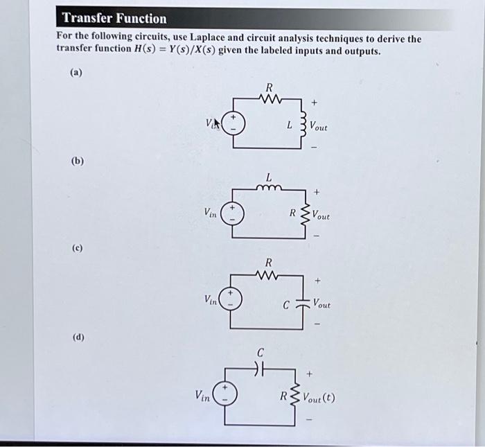 Solved Transfer Function For the following circuits, use | Chegg.com