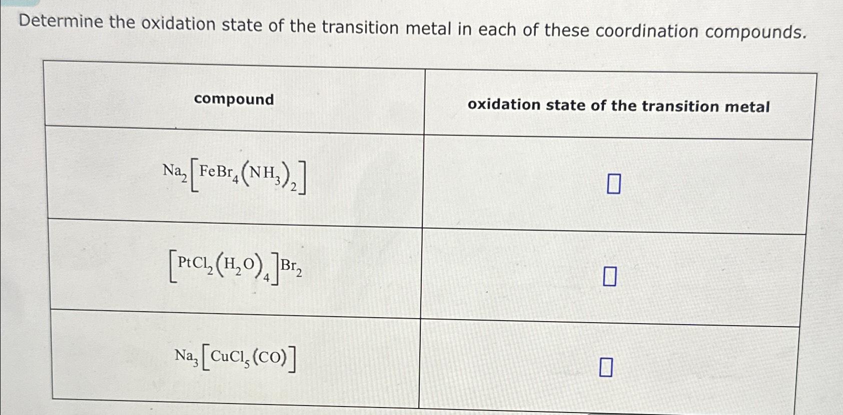 Solved Determine the oxidation state of the transition metal | Chegg.com