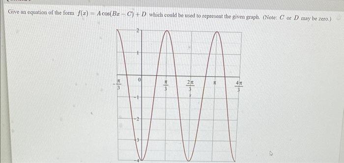 Solved Give an equation of the form f(x)=Acos(Bx−C)+D which | Chegg.com